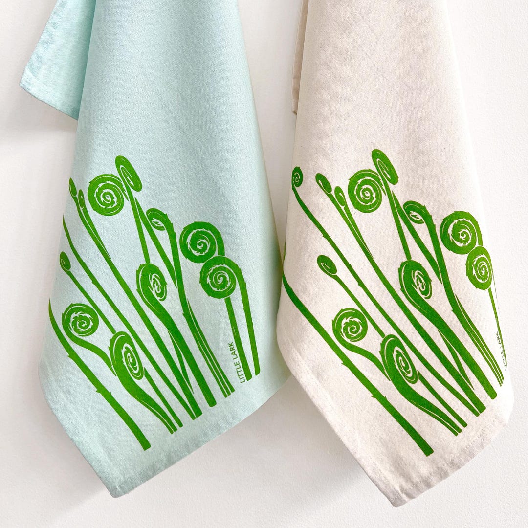 Fern Fiddlehead Tea Towel: Mint Green Plant Design, Cotton Dish Cloth ...