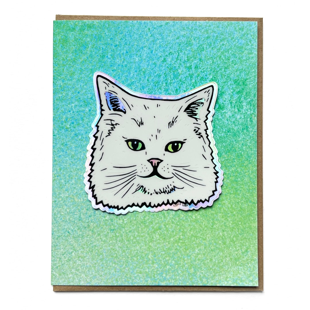 Hologram Fancy Cat Sticker Card, Cute White Cat Birthday Card With ...