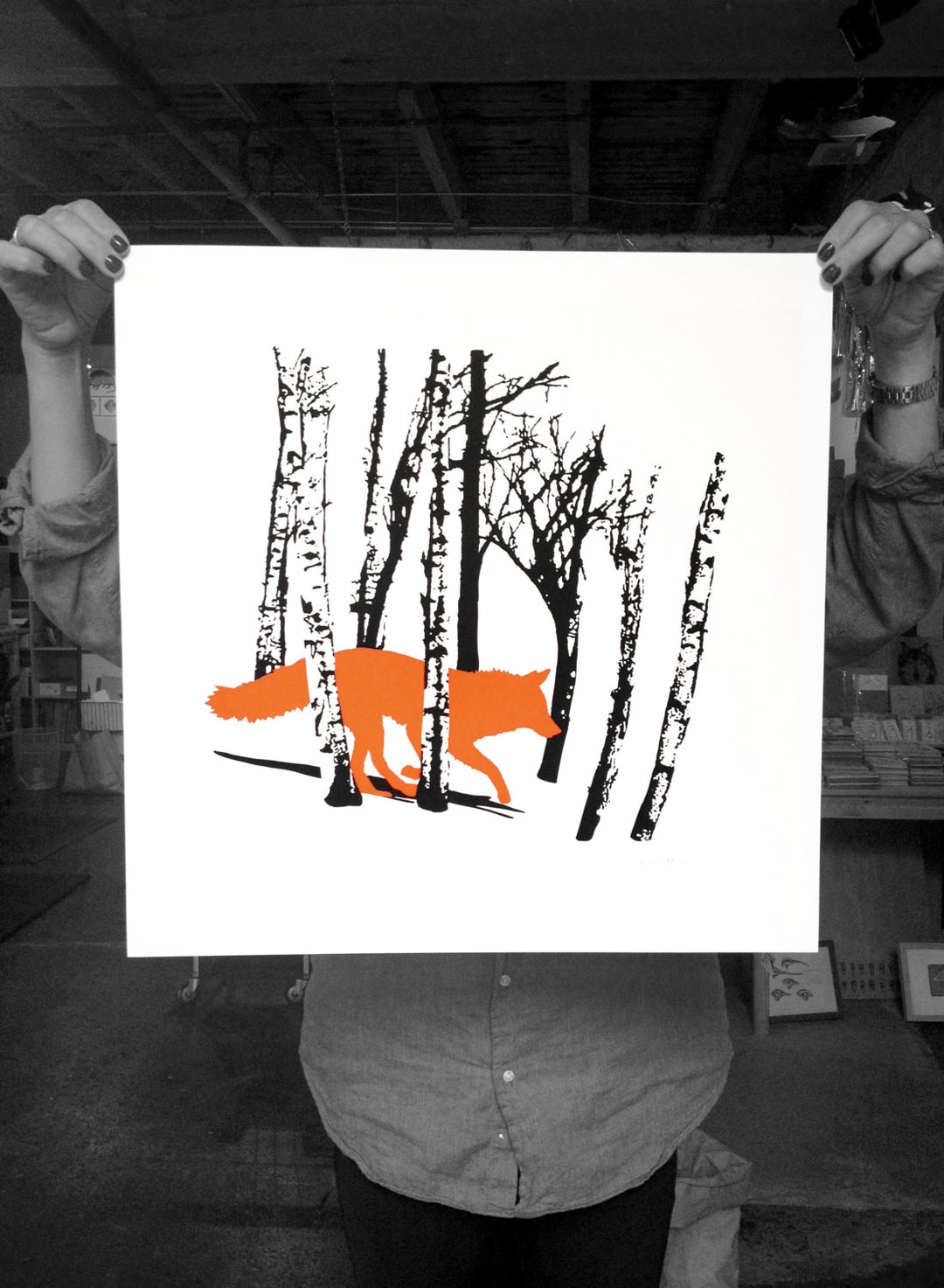 Hand Printed Fox Art Print: Orange & Black Birch Woods Poster - Etsy
