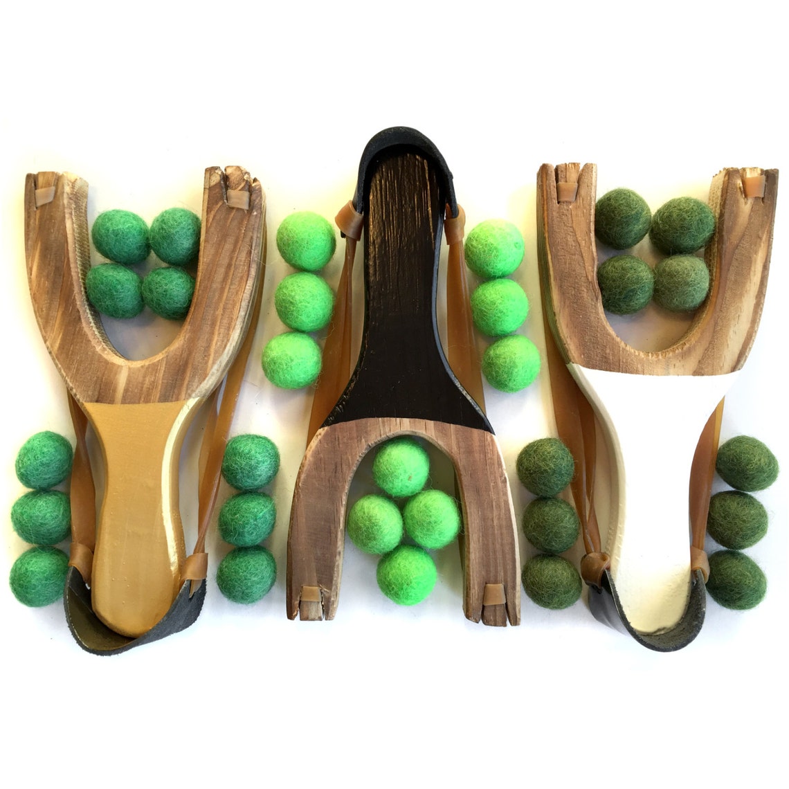 Natural Wooden Slingshot toy 10 green wool felt balls ammo | Etsy