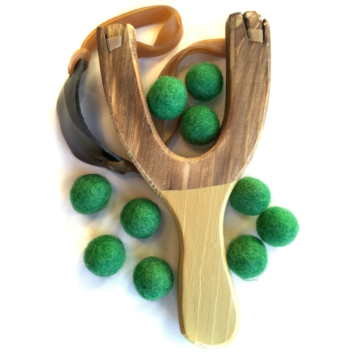 Natural Wooden Slingshot toy 10 green wool felt balls ammo | Etsy