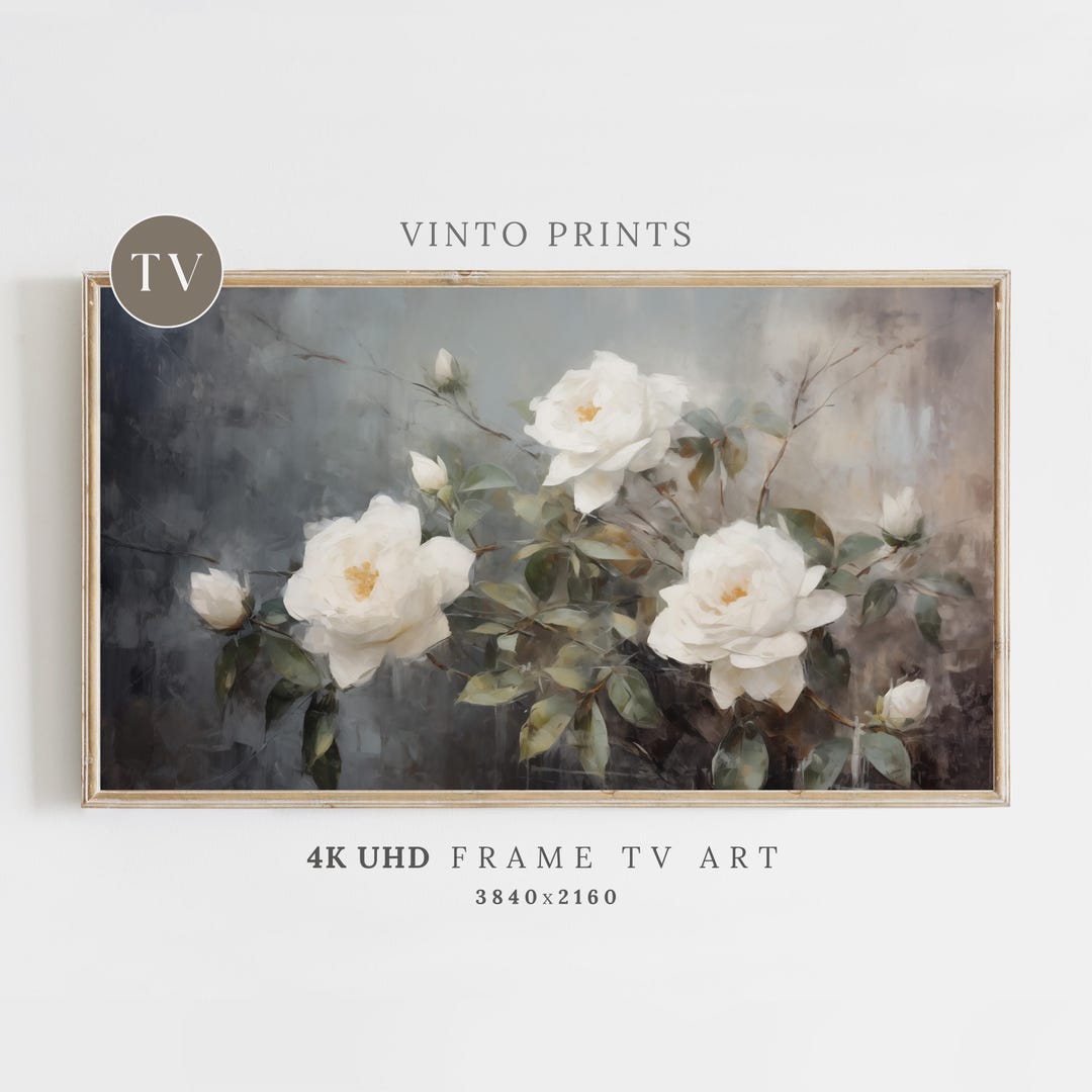 White Roses Floral Art for Samsung Frame TV | Vintage Botanical Decor ...