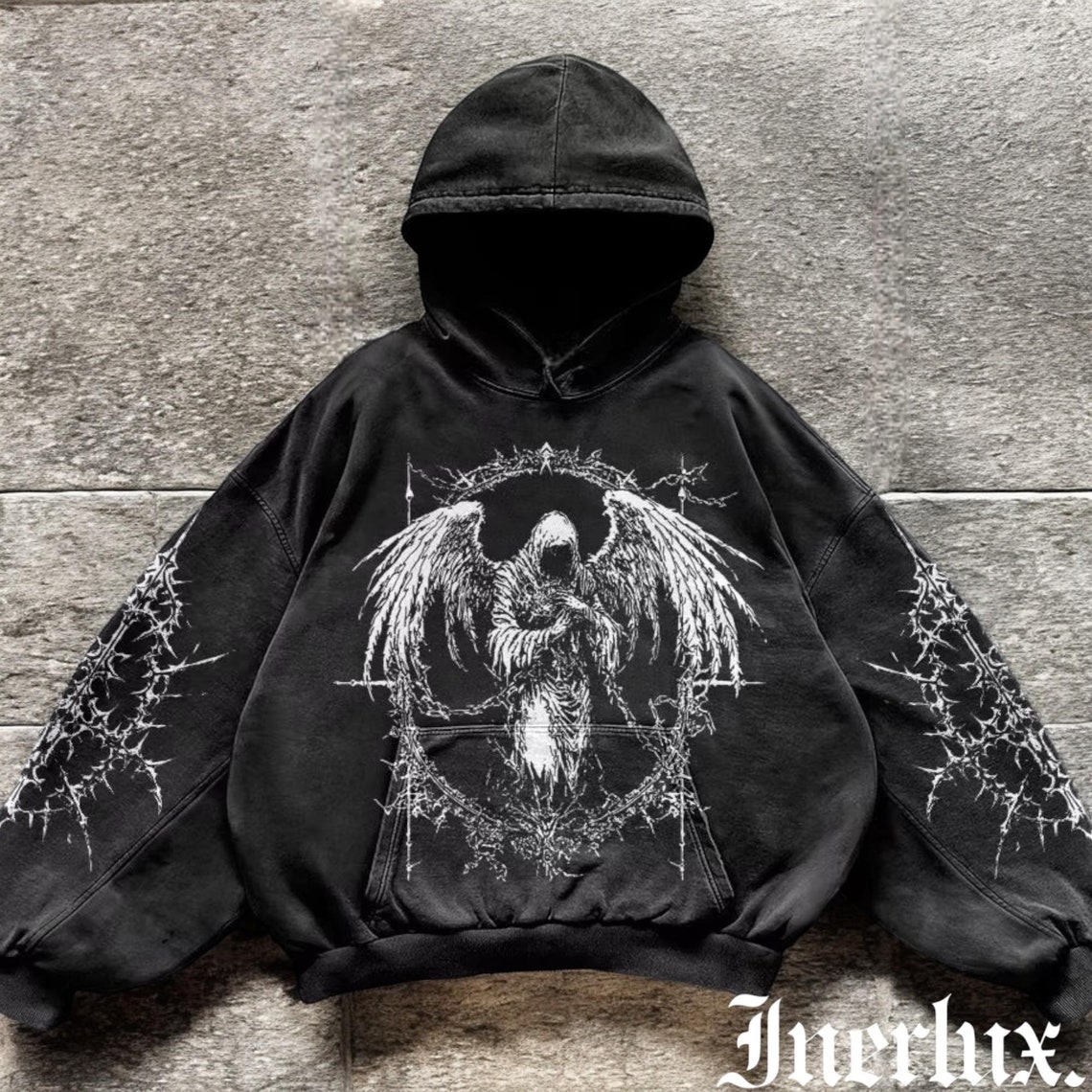 Black Gothic Angel Print Heavyweight Cotton Hoodie, Oversized Hoodie ...