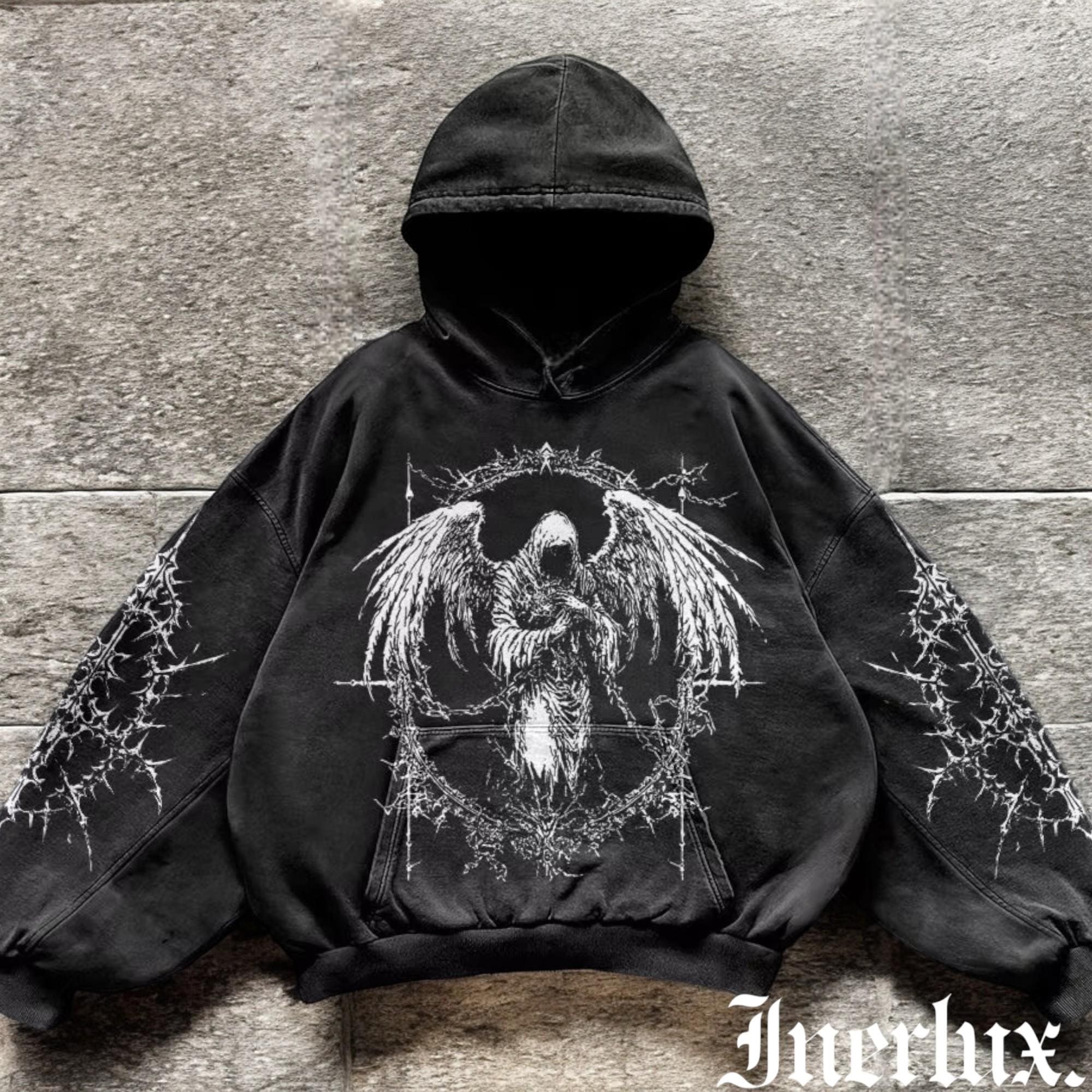 Black Gothic Angel Print Heavyweight Cotton Hoodie, Oversized Hoodie, Y2k Hoodie, Graphic Hoodie ...