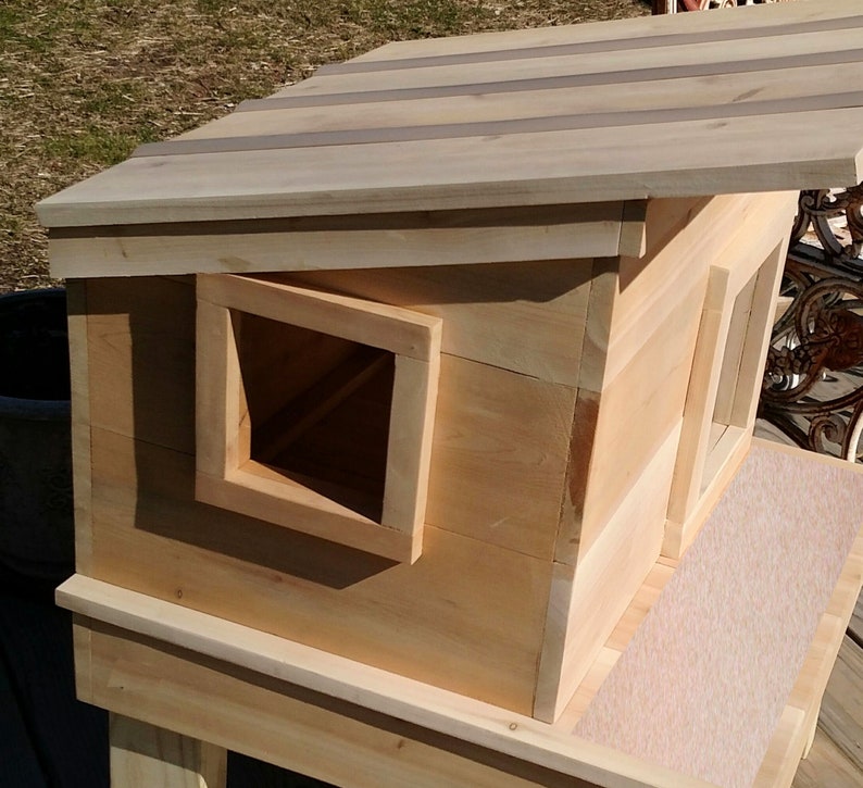 Outdoor Cedar Cat House With Front Platform Deck, Overhanging Roof ...
