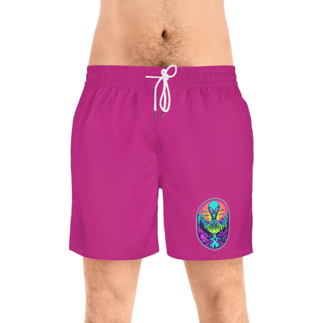 Swim Shorts, UFO Alien Abduction, Men's Beachwear, Pink Neon Trunks ...