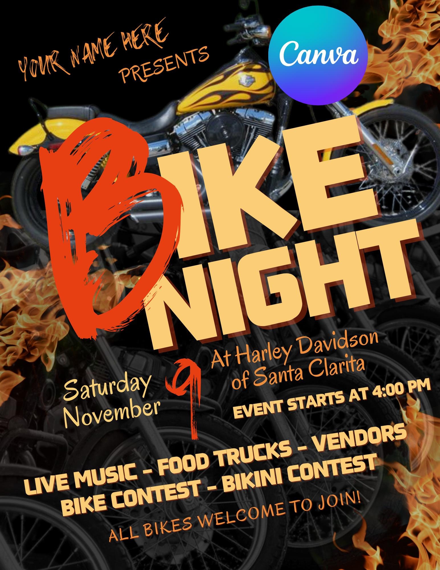 Flaming Bike Night Flyer | Editable Motorcycle Event Canva Template ...