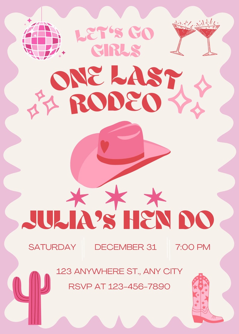 One Last Rodeo Pink Disco Cowgirl Hen Do Hen Party Customisable Invite ...