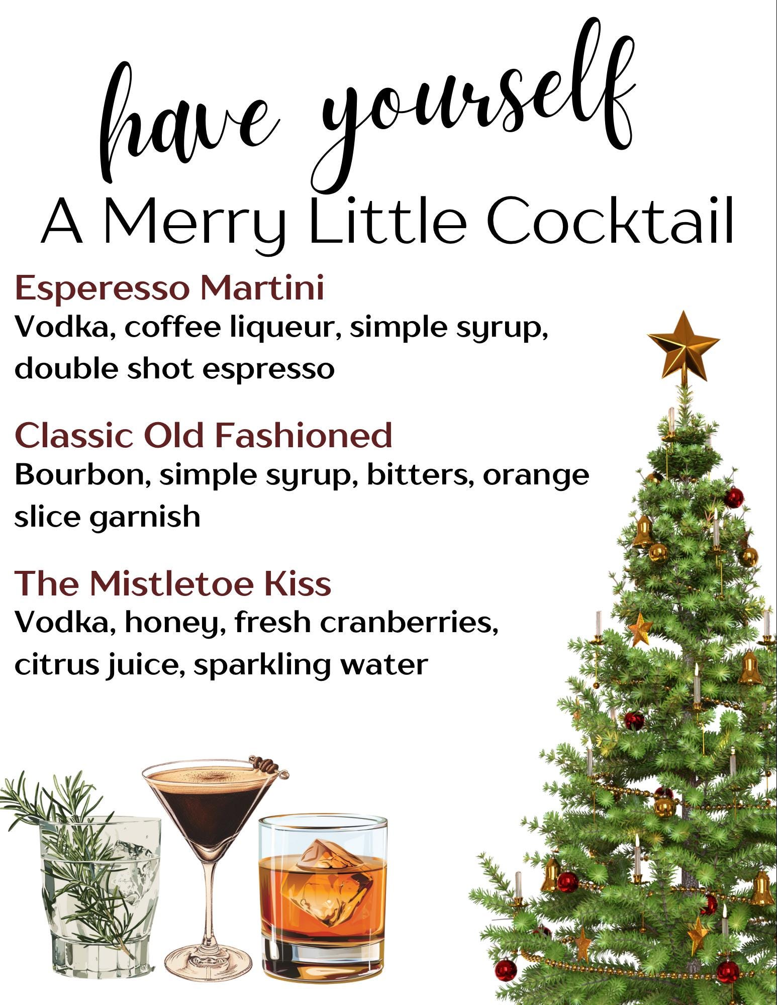 Editable Christmas Drink Menu, Printable Holiday Cocktail List, Festive ...