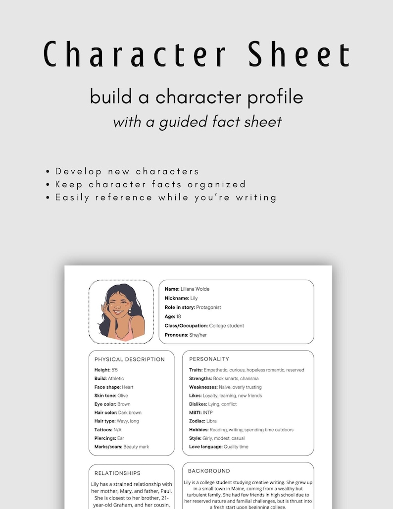 Character Profile - Digital or Printable Character Sheet for Writers - Etsy