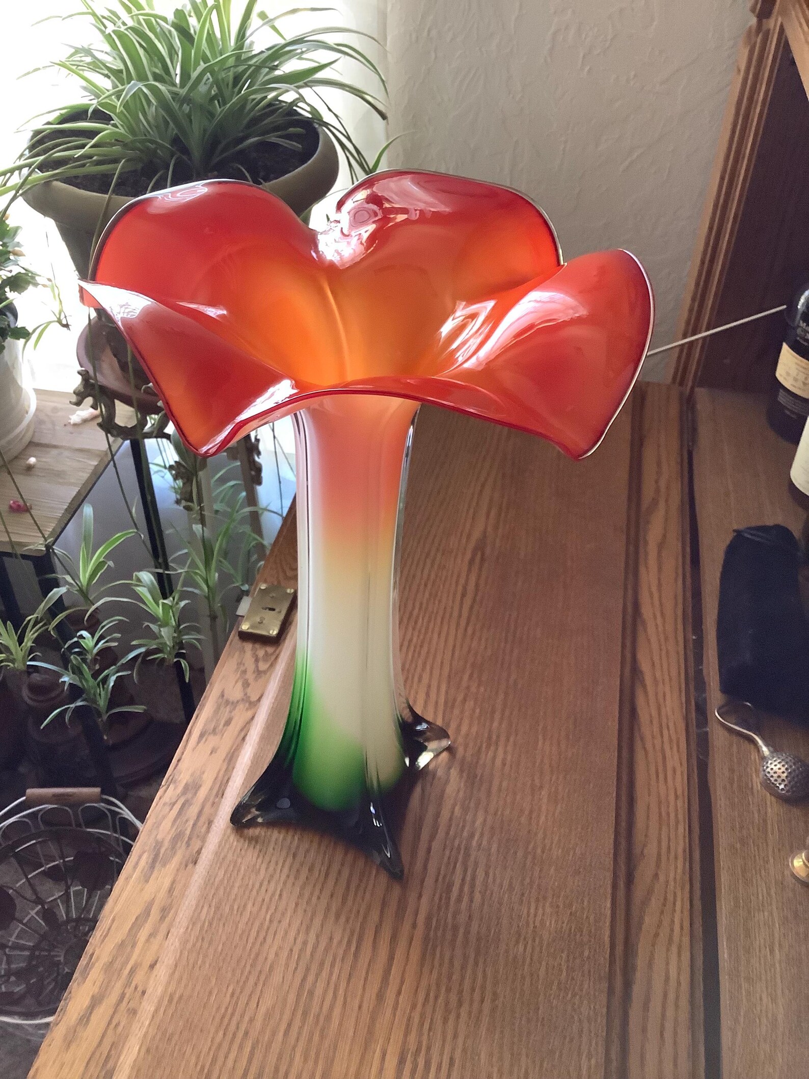 MURANO Style Trumpet Tulip Glass Vase Vintage Italian Hand Blown Rim ...