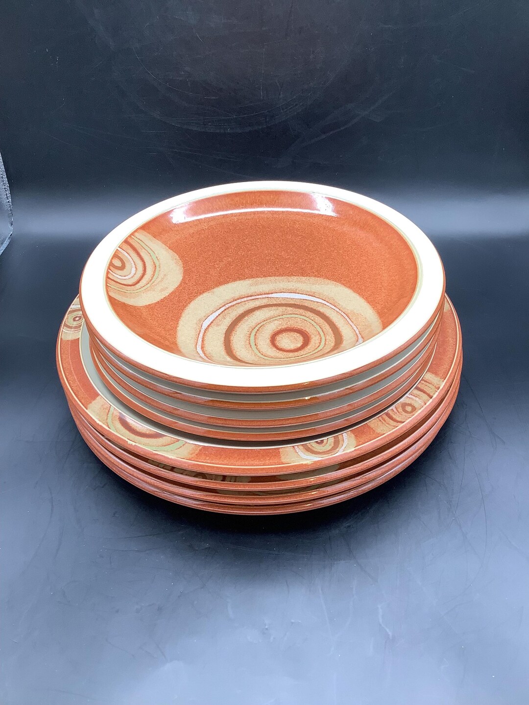 Denby-langley Fire Chilli W Swirl Design Plates 4 Dinner 4 Salad Set of ...