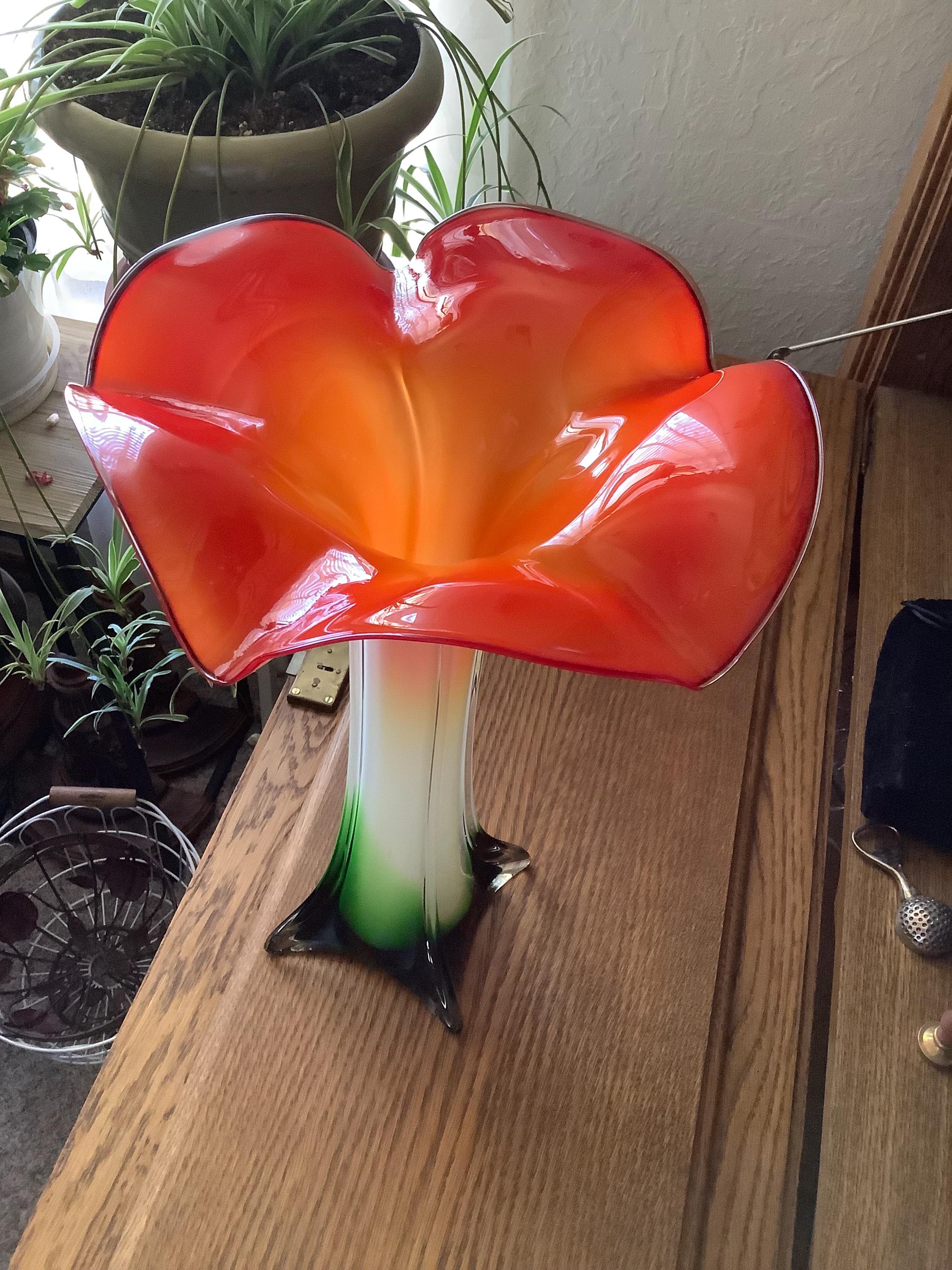 MURANO Style Trumpet Tulip Glass Vase Vintage Italian Hand Blown Rim ...