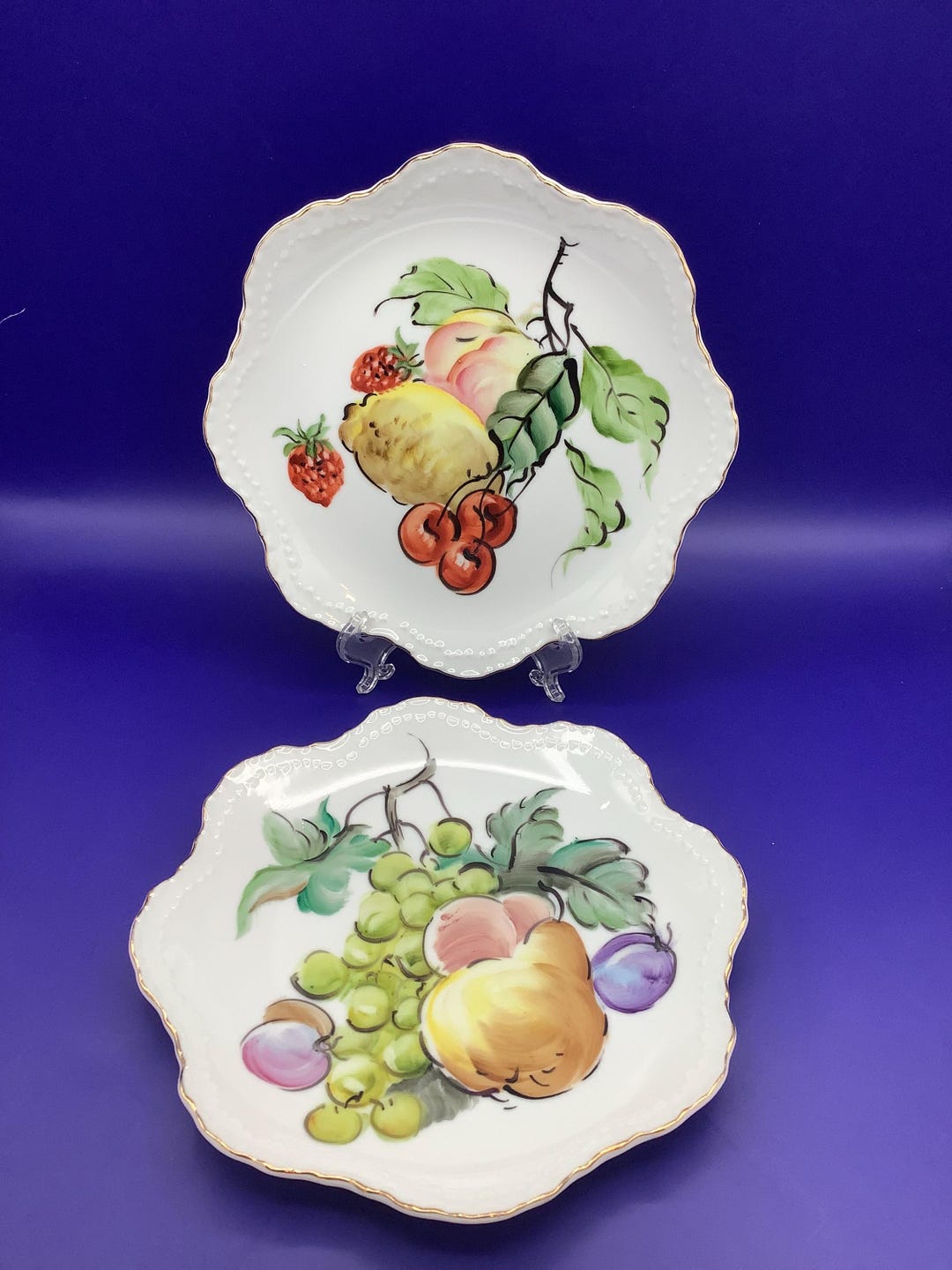 2 Vintage Lefton China Hand Painted Fruit PLATES SCALLOPED Rim ...