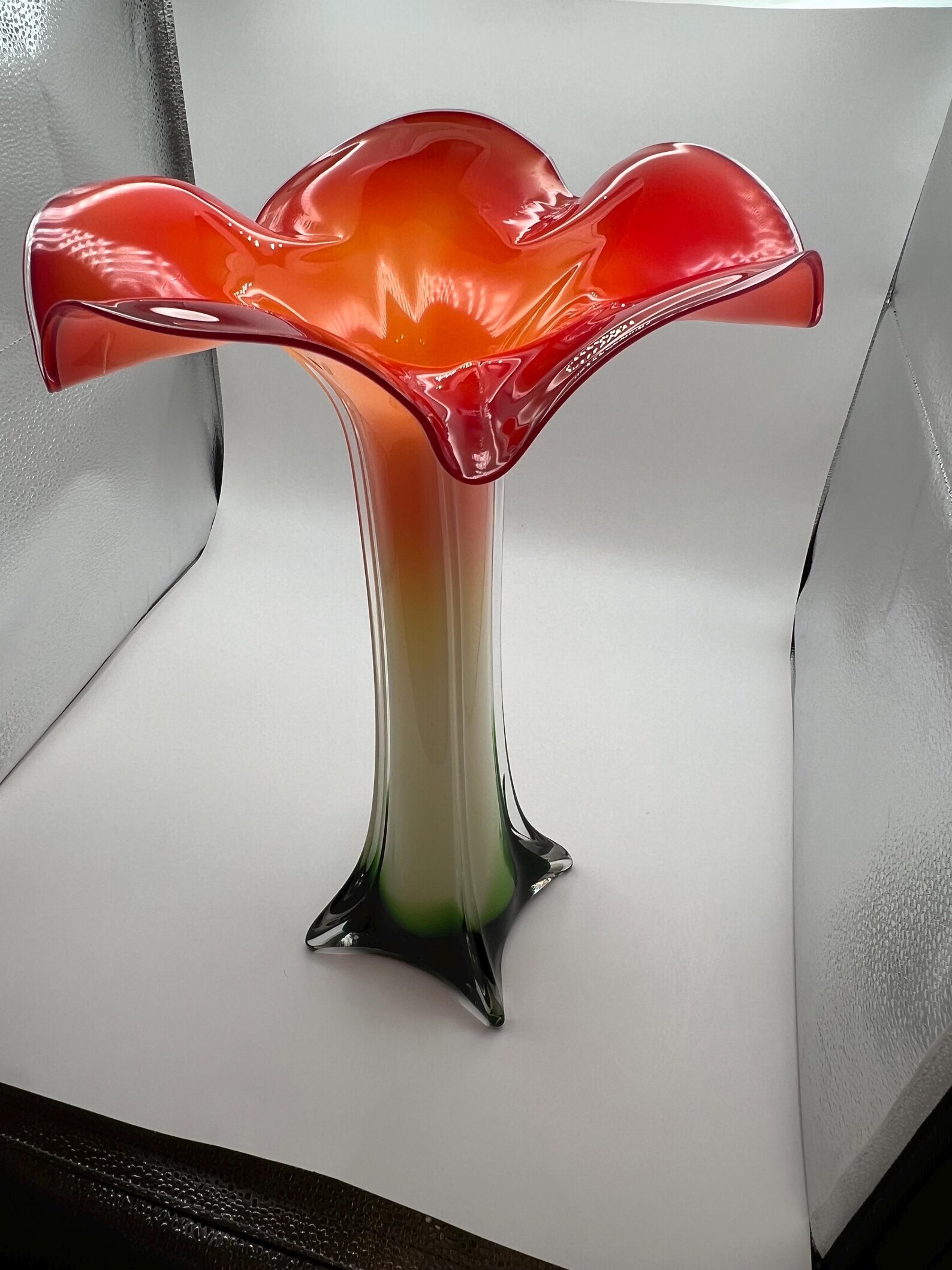 MURANO Style Trumpet Tulip Glass Vase Vintage Italian Hand Blown Rim ...