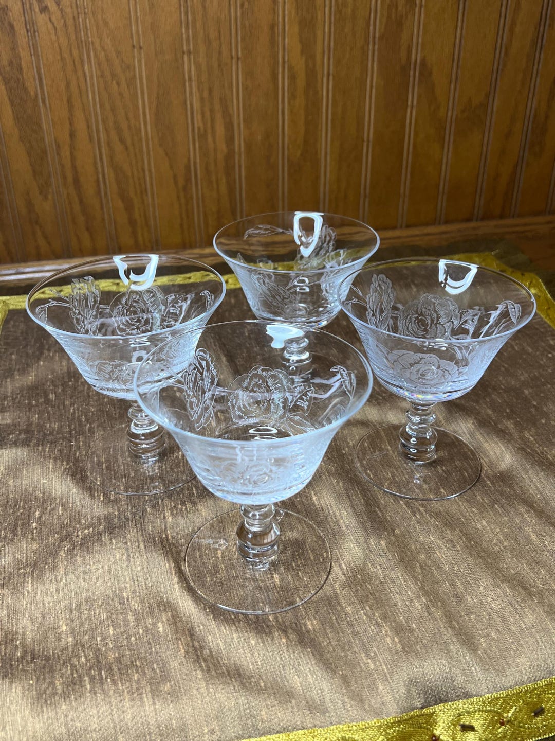 C1952-1973 Fostoria Glass CAMELLIA Rose Etch Tall SHERBET/CHAMPAGNE Set ...