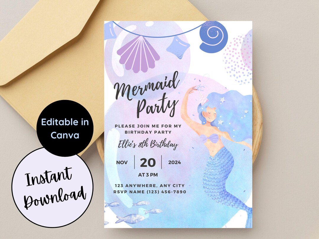 Editable Birthday Invitation, Mermaid Invitation, Kid Invitation, Pink ...
