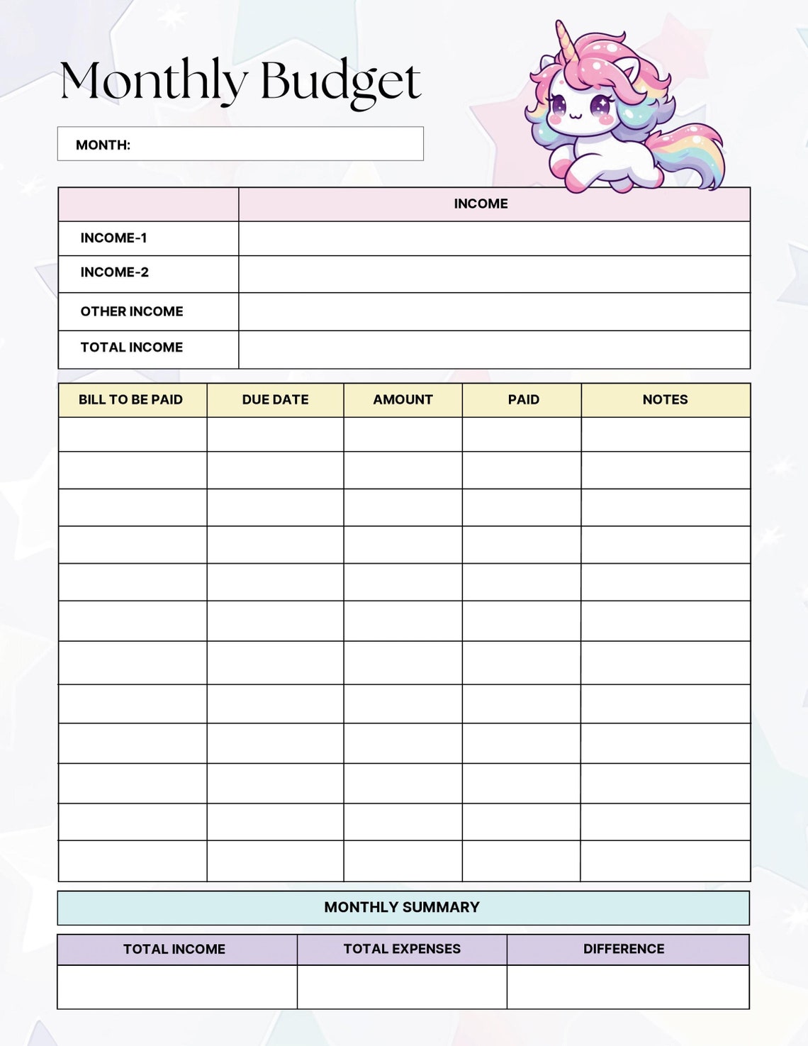 12-page Unicorn Printable Financial Planner, Kawaii Digital Budget ...
