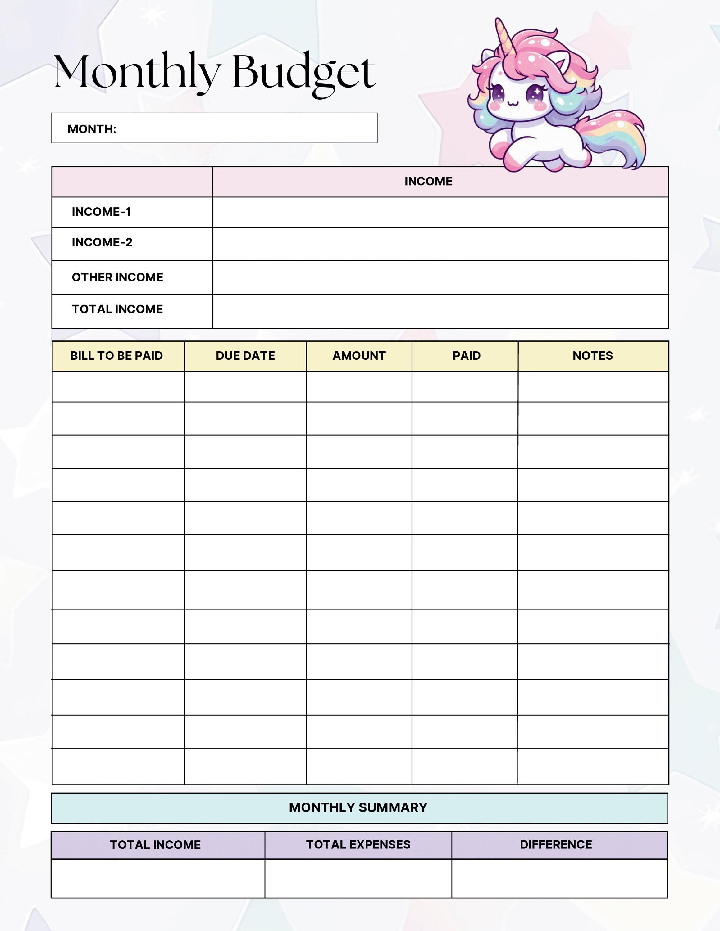 12-page Unicorn Printable Financial Planner, Kawaii Digital Budget ...