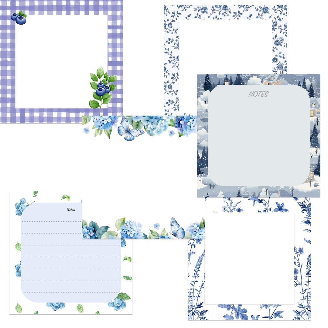 Blue Cottagecore Printable Post-it Notes, Blueberry Cottage Memo Pads ...