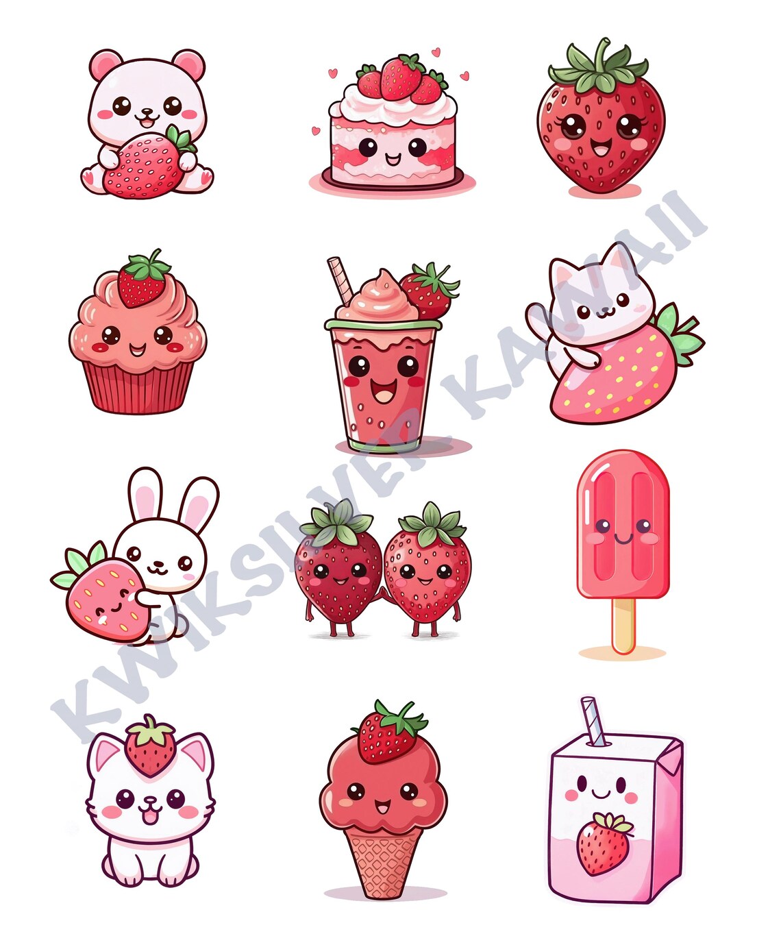 Strawberry Kawaii Clip Art, Kawaii Strawberry Clip Art, Strawberry ...