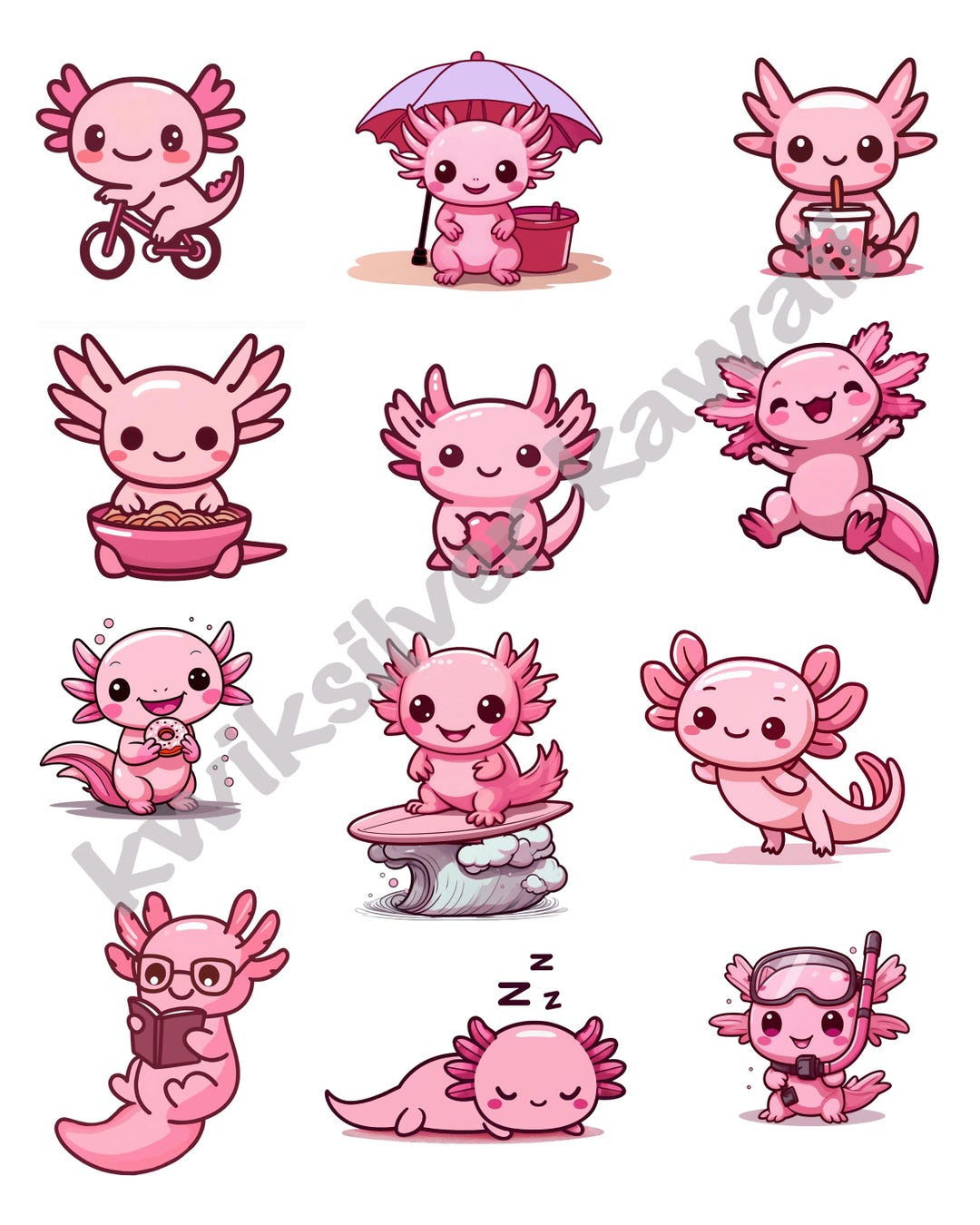 Kawaii Axolotl Clip Art, Pink Axolotl Digital Stickers, Cute Kawaii ...