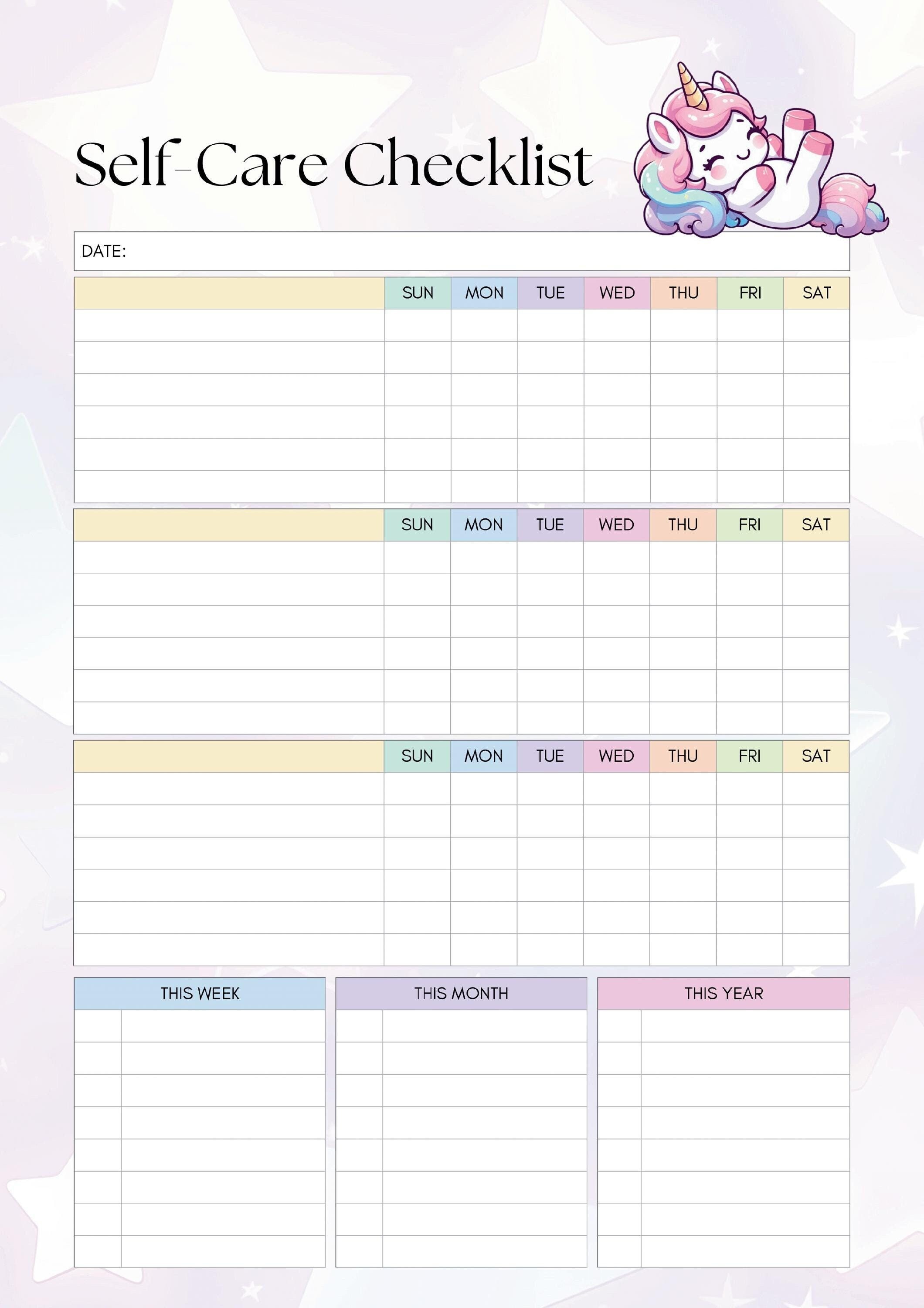 17-page Unicorn Self-care Printable Planner, Kawaii Unicorn Self-care ...