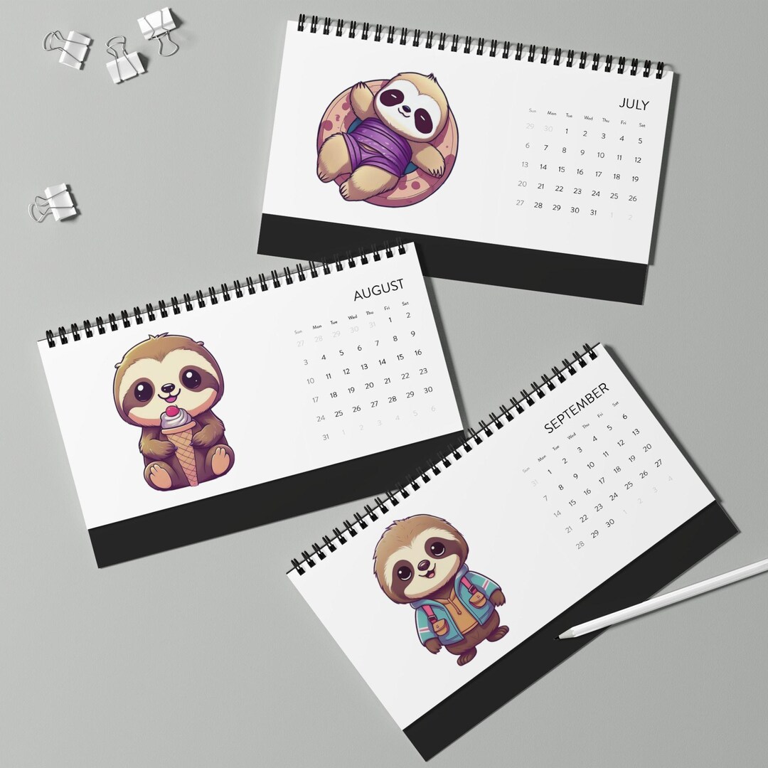 Kawaii Sloth 2025 Desktop Calendar, Cute Sloth Calendar 2025, Sloth ...