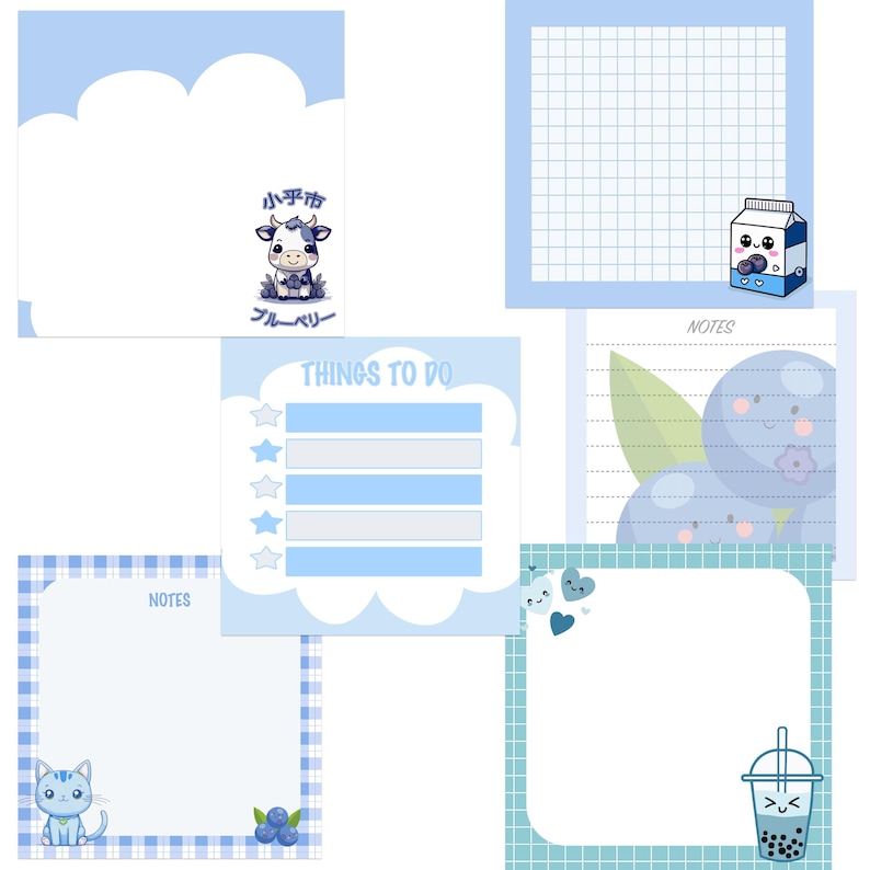 Blue Kawaii Printable Post-it Notes, Cute Blue Printable Kawaii ...
