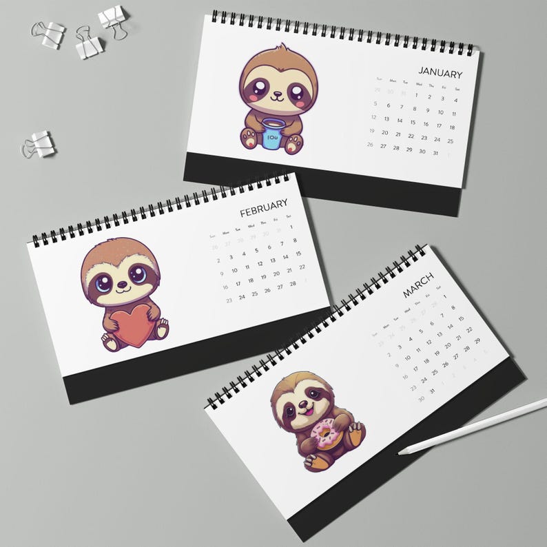 Kawaii Sloth 2025 Desktop Calendar, Cute Sloth Calendar 2025, Sloth ...