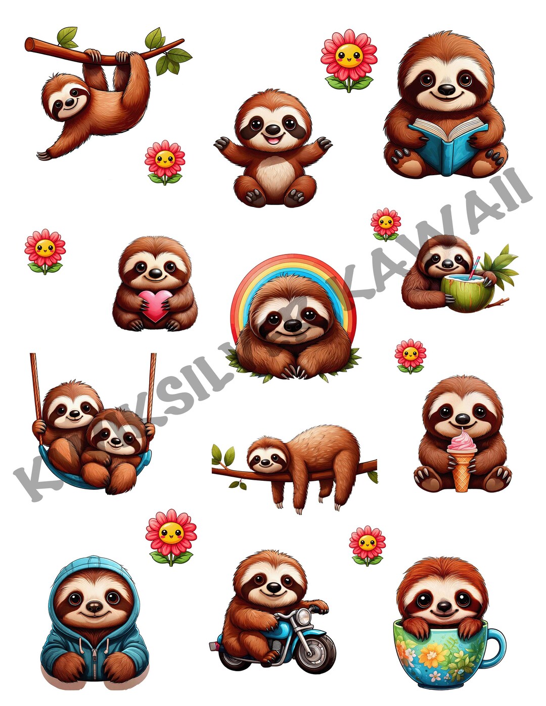 Kawaii Sloth Clip Art, Cute Sloth Digital Stickers - Etsy