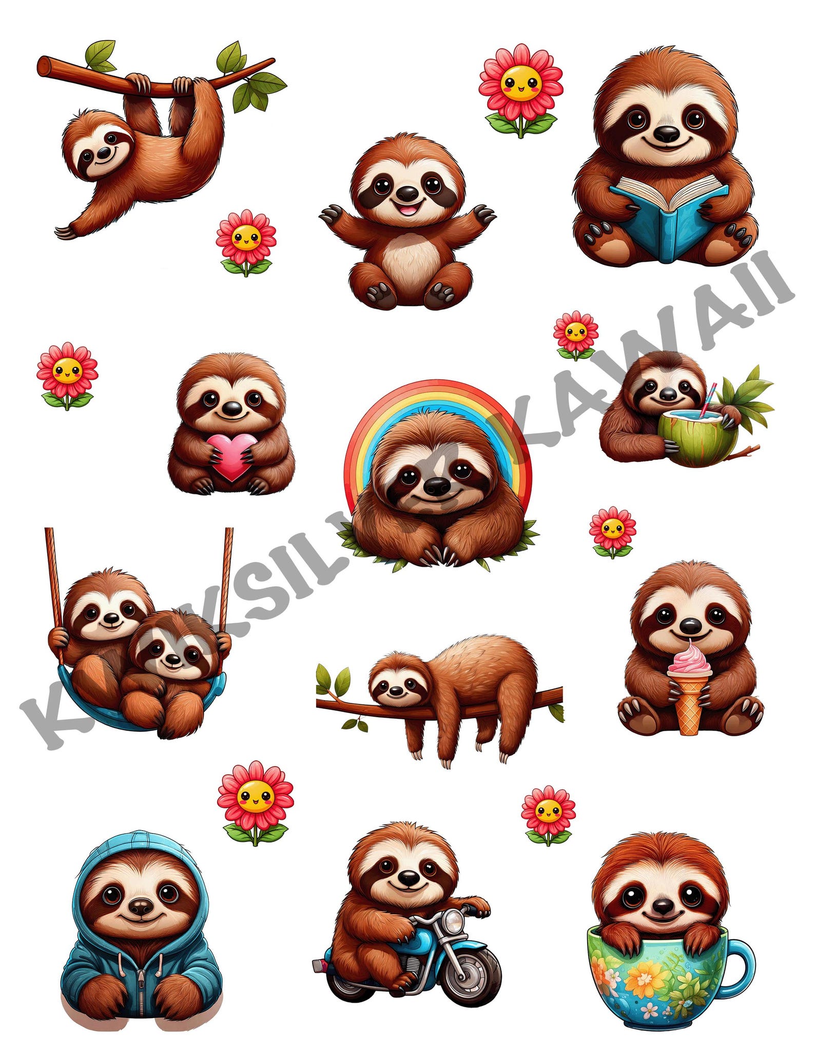 Kawaii Sloth Clip Art, Cute Sloth Digital Stickers - Etsy