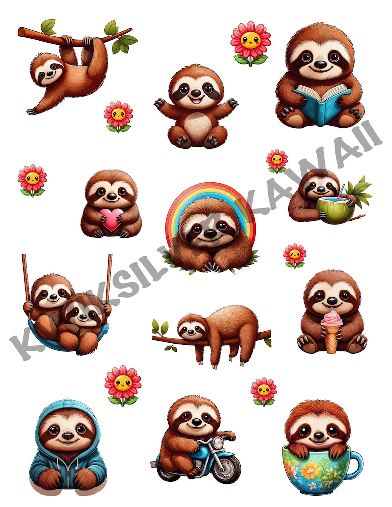 Kawaii Sloth Clip Art, Cute Sloth Digital Stickers - Etsy