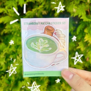 Strawberry Matcha Sticker Pack of 4 | Matcha Latte Sticker Set ...