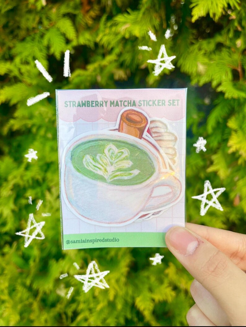 Strawberry Matcha Sticker Pack of 4 | Matcha Latte Sticker Set ...