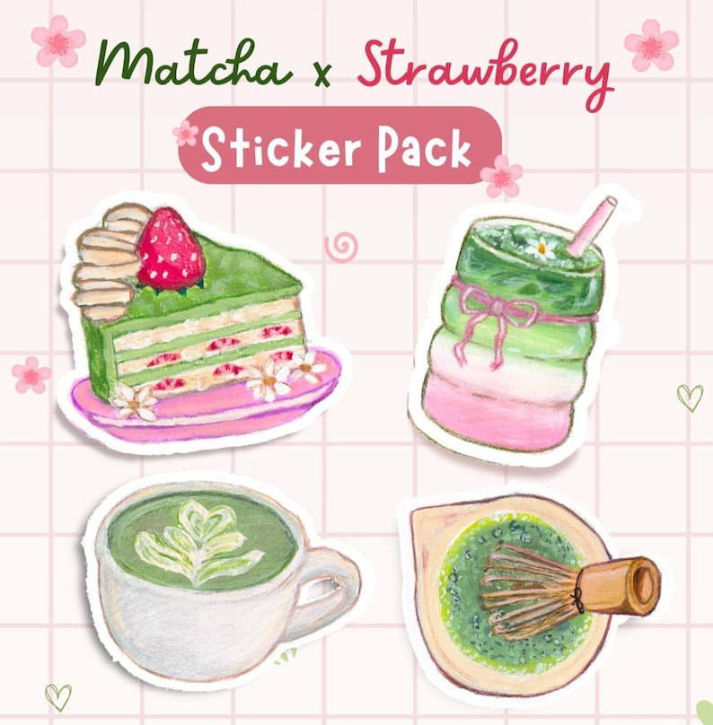 Strawberry Matcha Sticker Pack of 4 | Matcha Latte Sticker Set ...