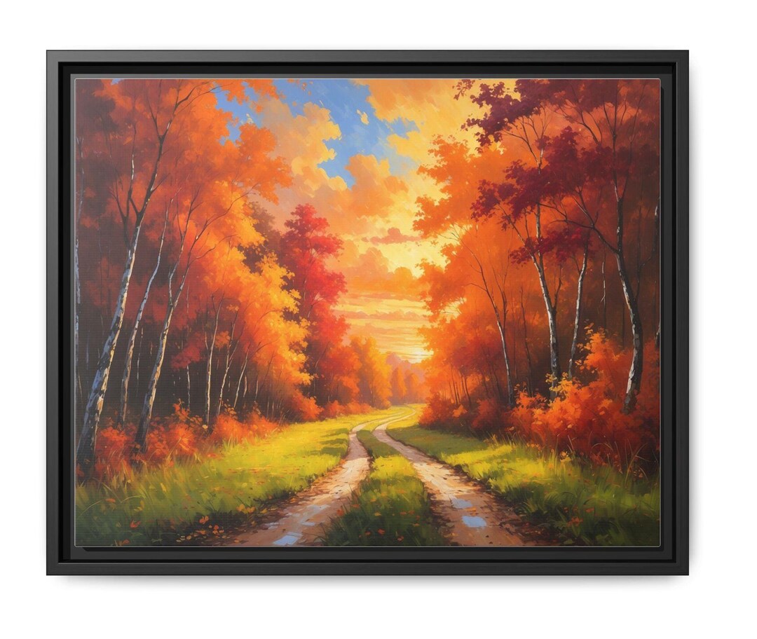 Framed Autumn Landscape Wall Art: Golden Forest Pathway at Sunset - Etsy