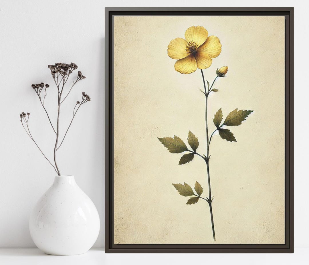Yellow Wildflower Botanical Print, Minimalist Vintage Flower Wall Art ...