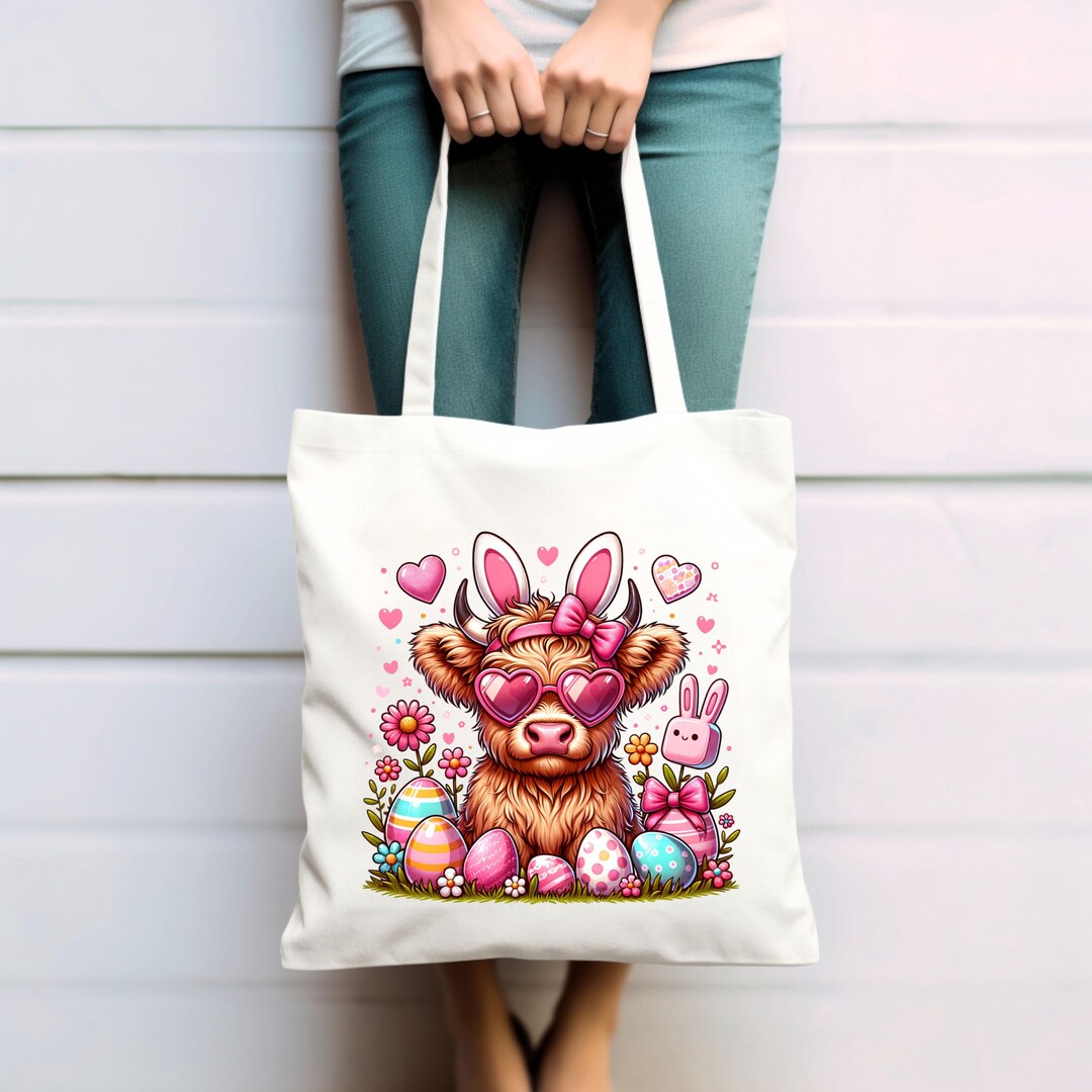 Cute Easter Cow Basket, Highland Cow Easter Tote Bag, Girly Easter Egg ...