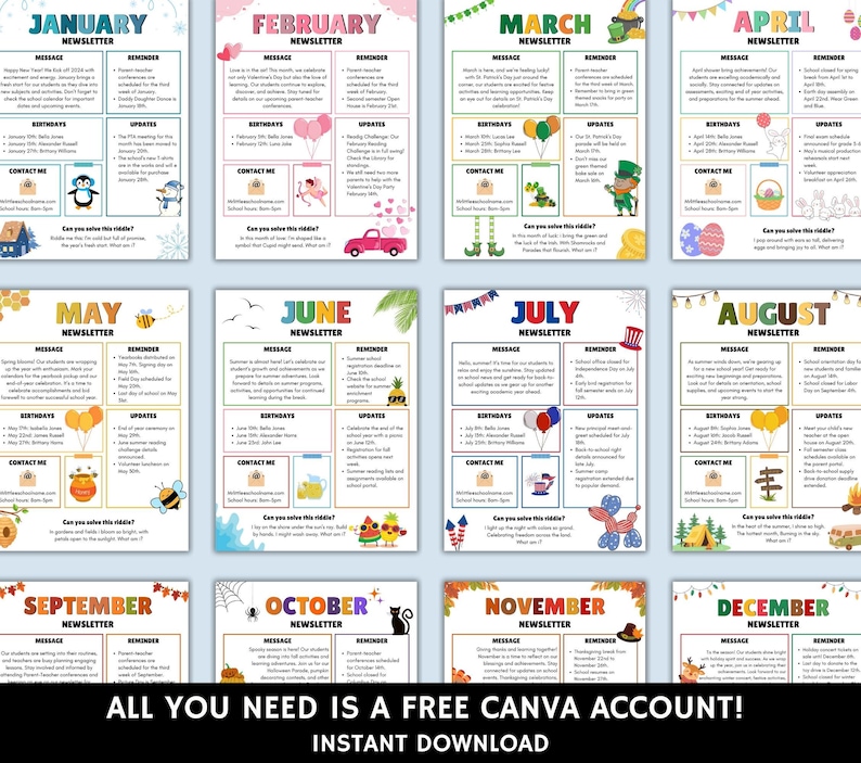 Monthly Classroom Newsletter: 12 Month Canva Template Bundle - Etsy