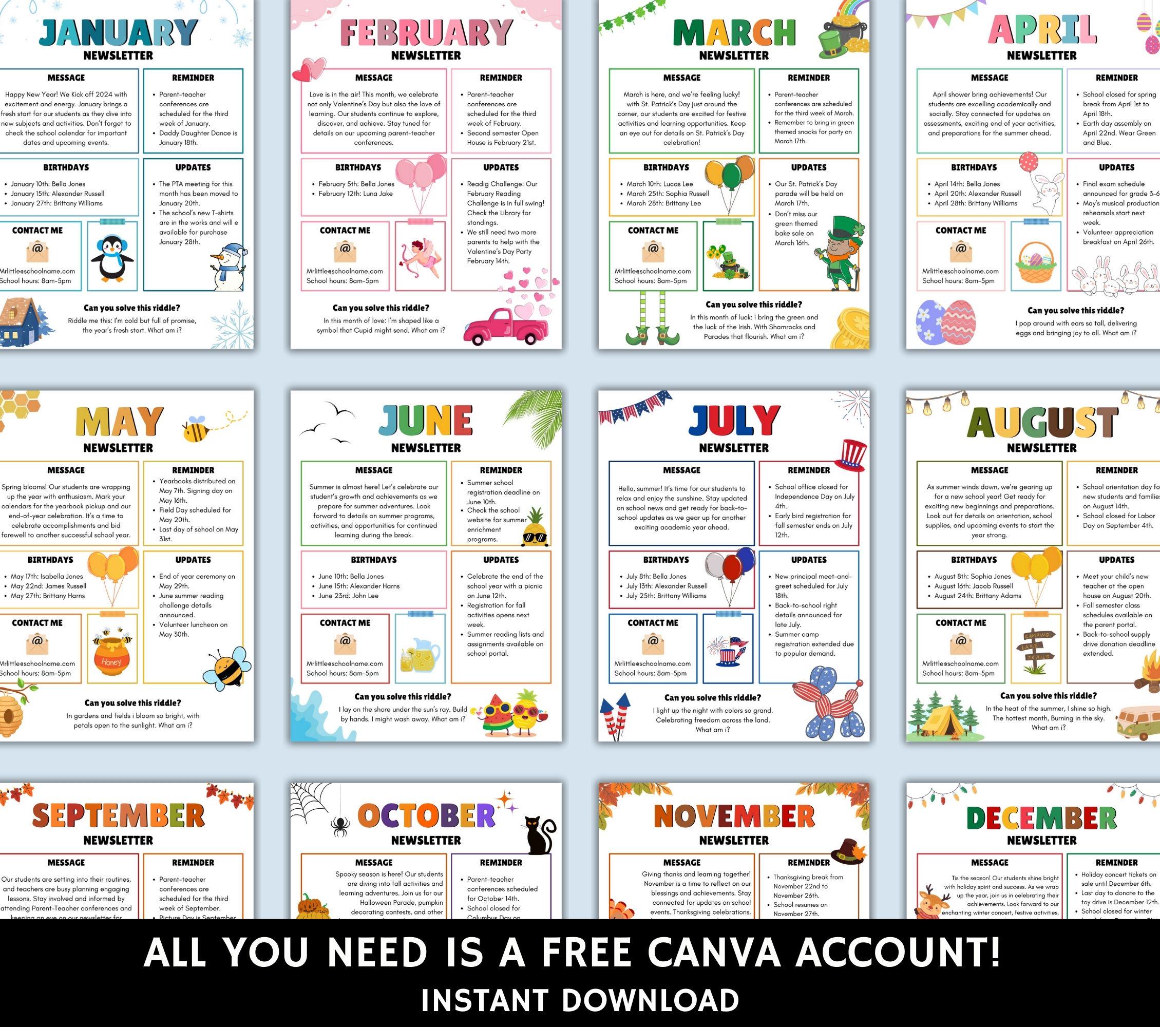 Monthly Classroom Newsletter: 12 Month Canva Template Bundle - Etsy