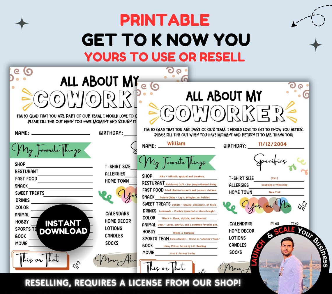 Employee Favorite Things Survey: Coworker Questionnaire (PDF Printable ...
