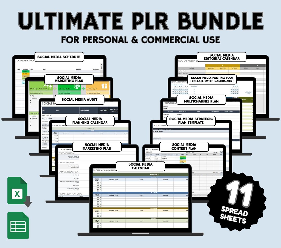 MRR PLR Social Media Excel Sheet Bundle Done for You, Social Calendar Sheets, MRR Social Media ...