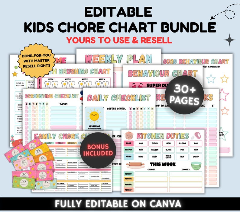 Editable Kids Chore Charts, Reward, Allowance, Screen Time, School ...
