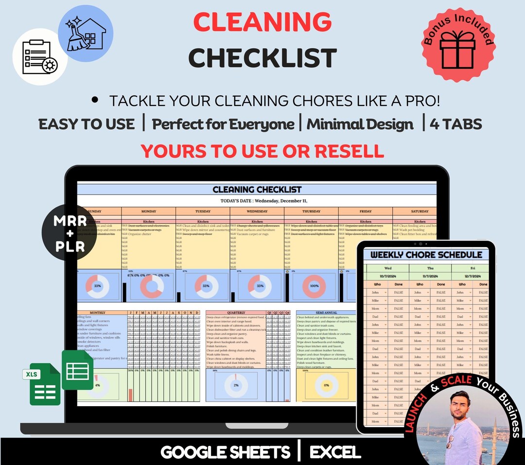 Weekly Cleaning Checklist Excel Spreadsheet Google Sheet, Monthly ...
