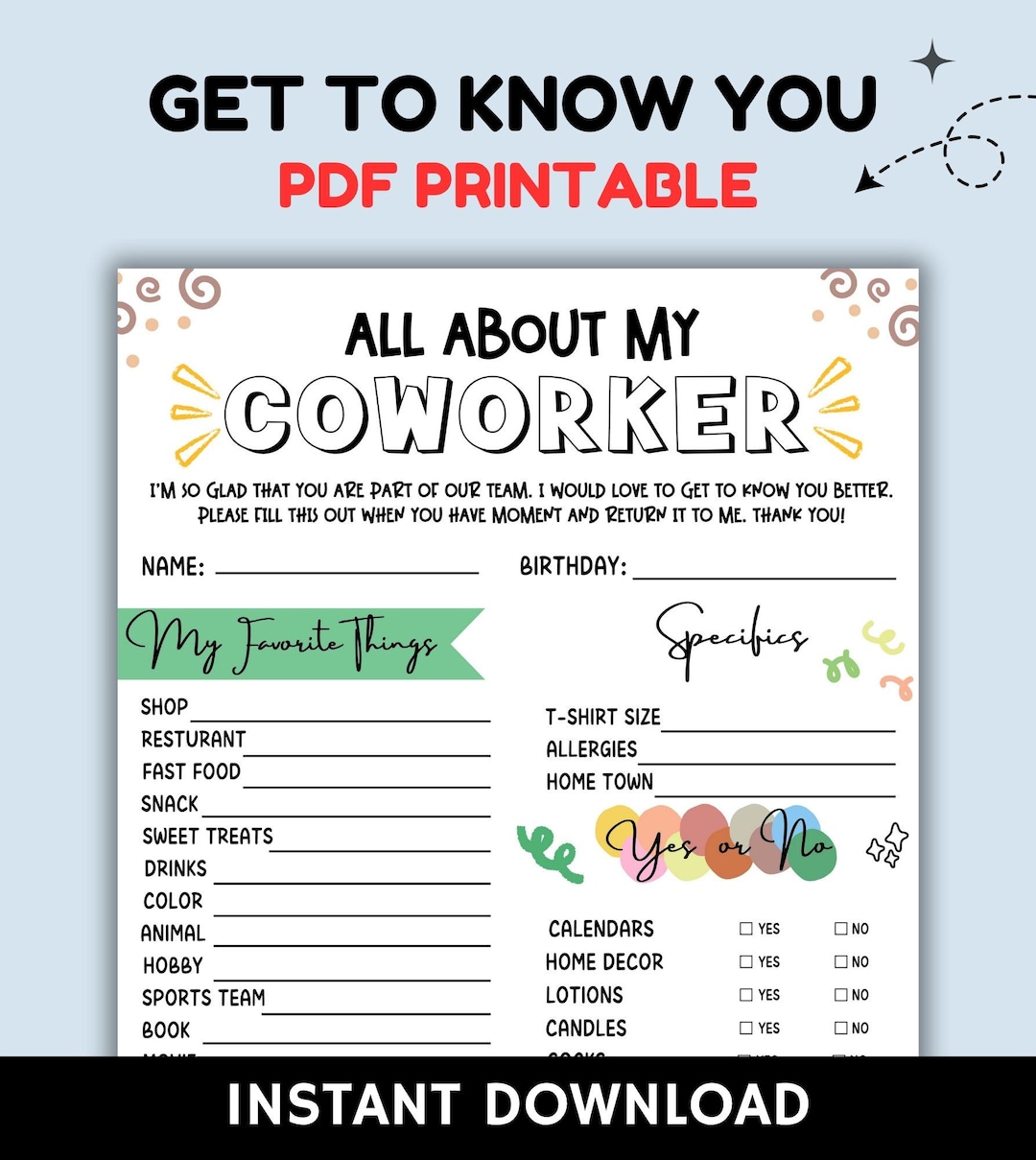 Employee Favorite Things Survey: Coworker Questionnaire (PDF Printable ...