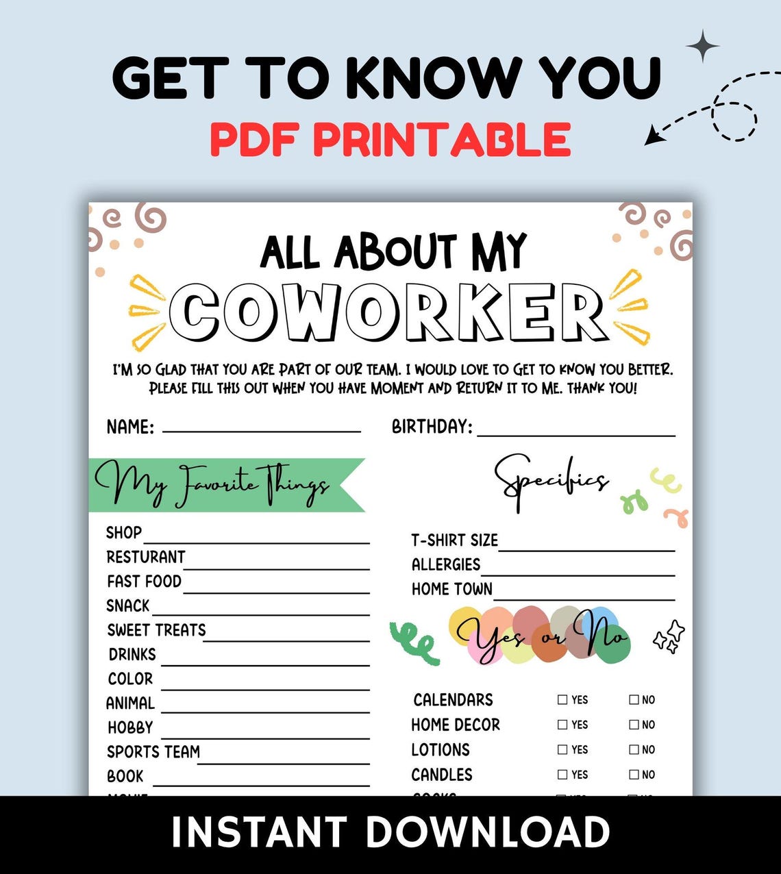 Employee Favorite Things Survey: Coworker Questionnaire (PDF Printable ...