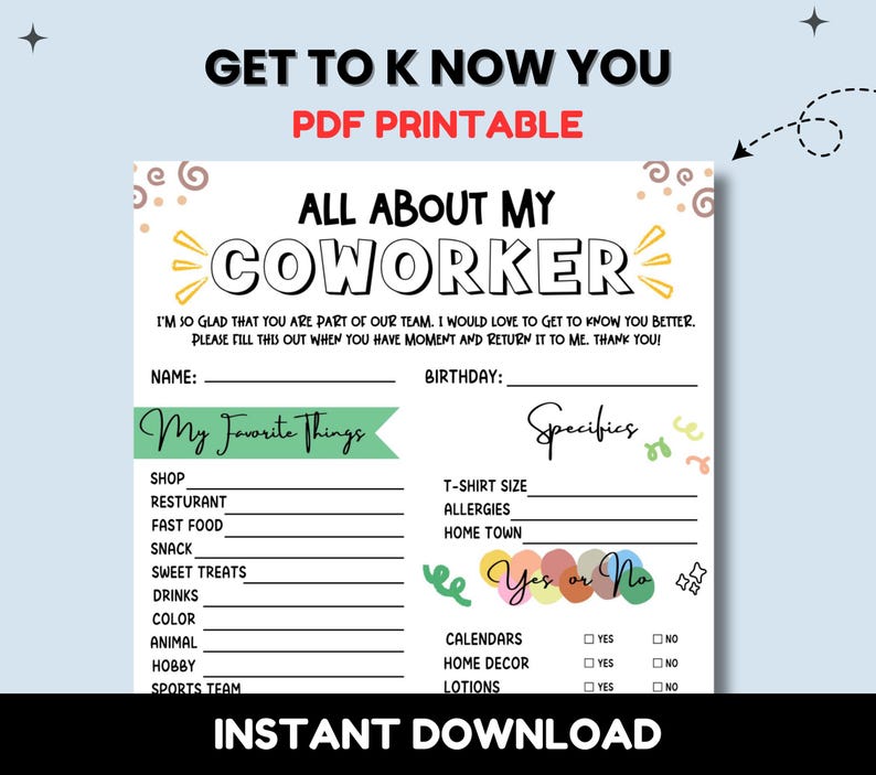 Employee Favorite Things Survey: Coworker Questionnaire (PDF Printable ...