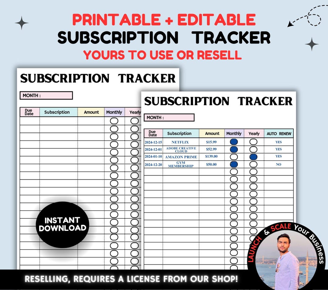 Editable Subscription Tracker, Printable Subscription Log, Expense Tracker, Spending Tracker ...
