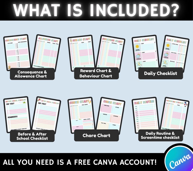 Editable Kids Chore Charts, Reward, Allowance, Screen Time, School ...